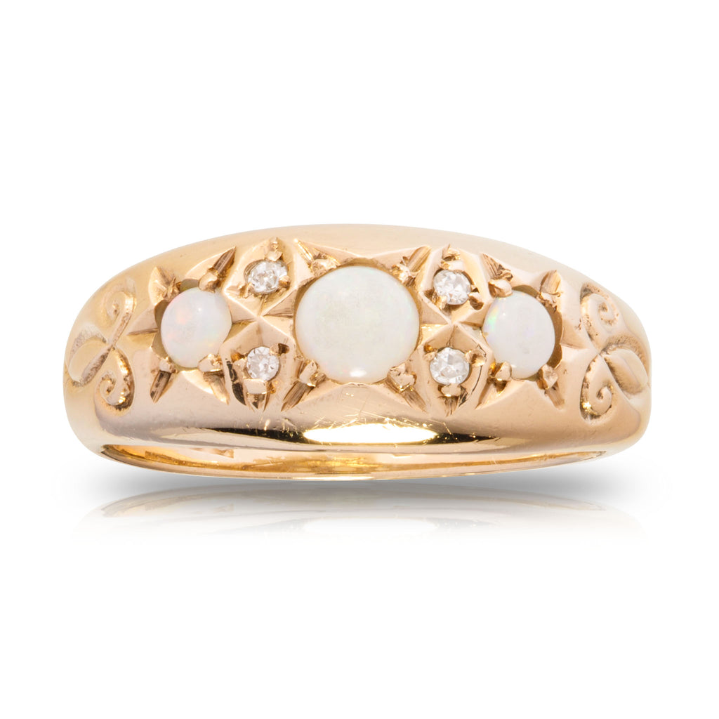 Vintage 9ct Yellow Gold Opal And Diamond Three Stone Boat Ring – Dobson ...
