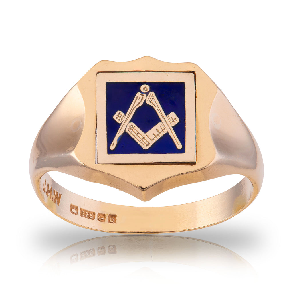 Masonic 9ct Yellow Gold Shield Crest Blue Enamelled Signet Ring ...